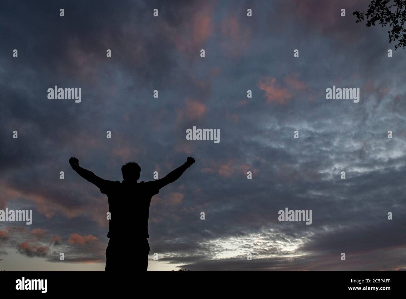 A man raises his arms up high in London park renjoying the sunset Stock ...