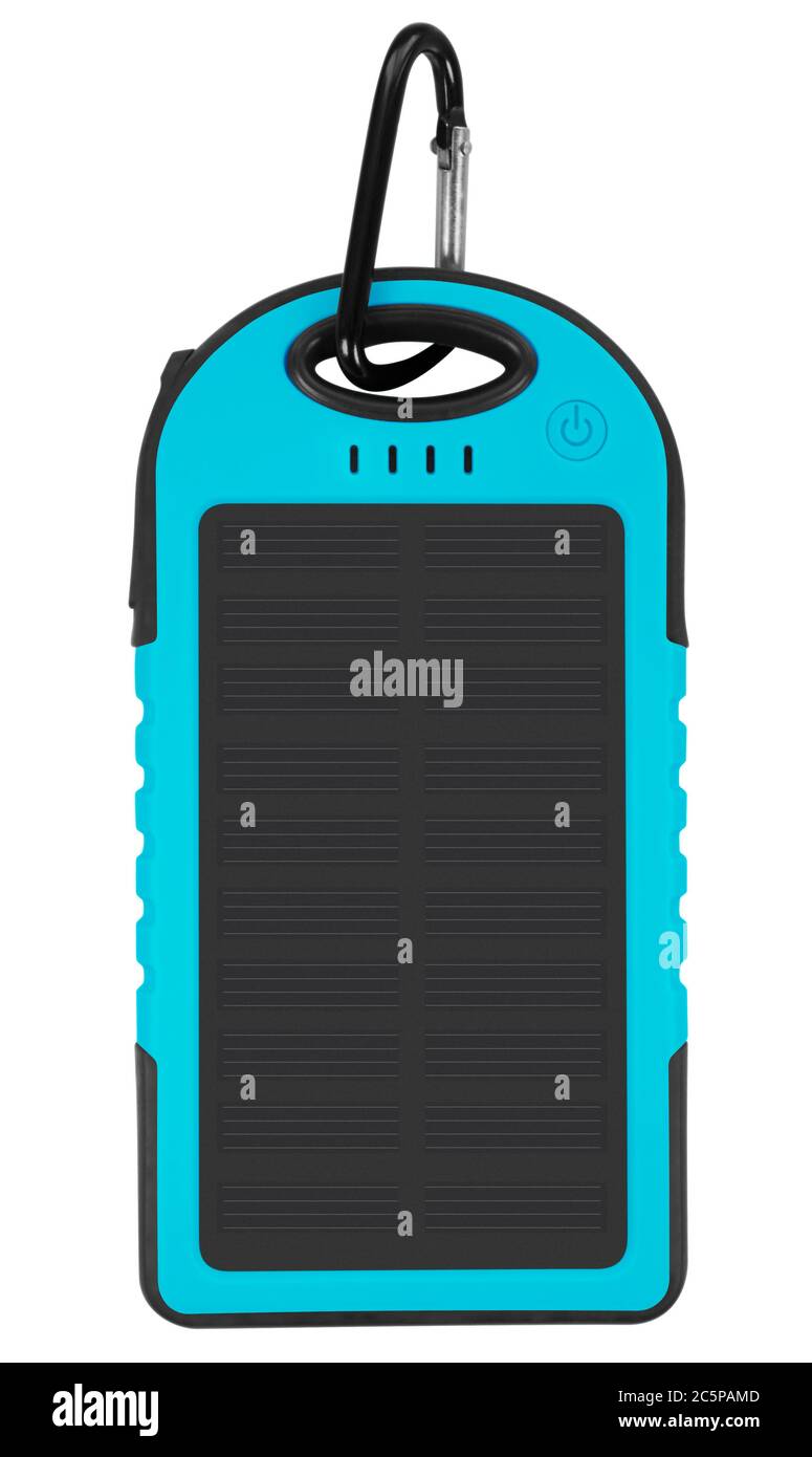 Light blue portable solar charger for smart phone isolated on white ...