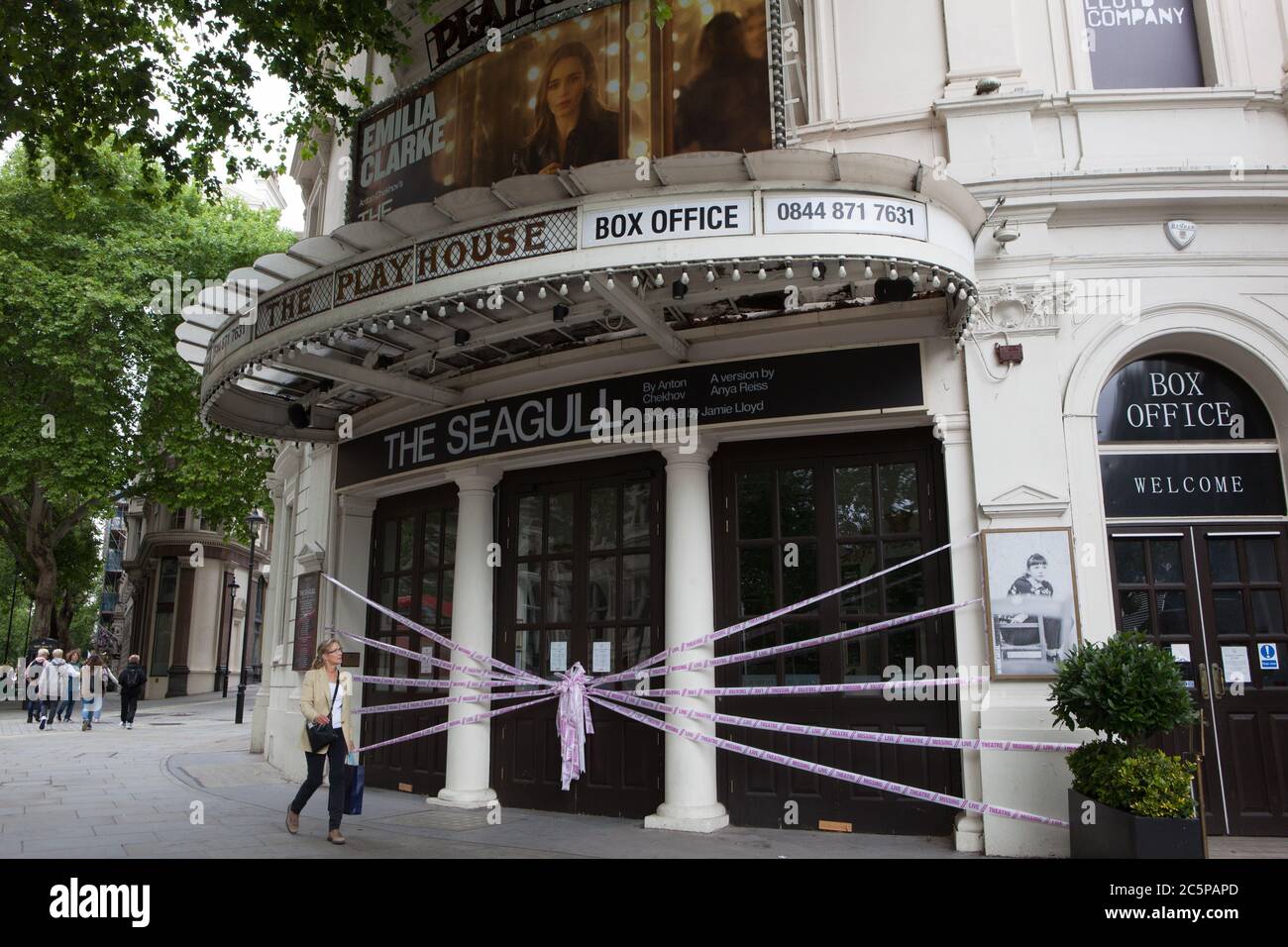 London, UK, 4 July 2020: The Playhouse Theatre is decorated with tape ...