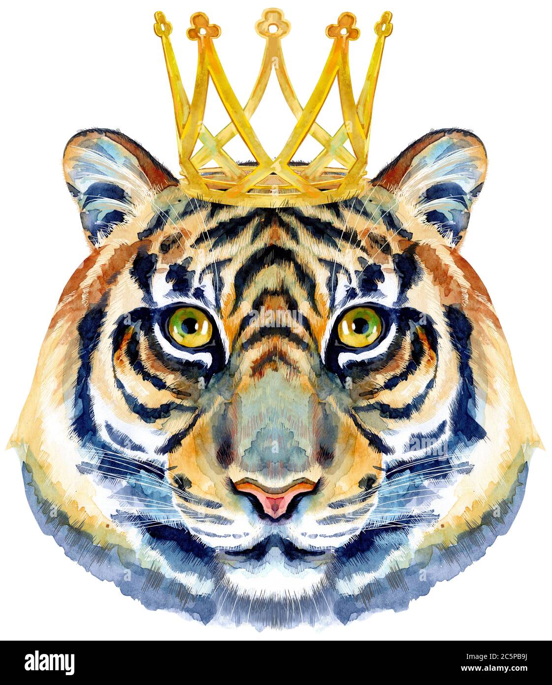 Tiger head with golden crown isolated on white background Stock Photo ...
