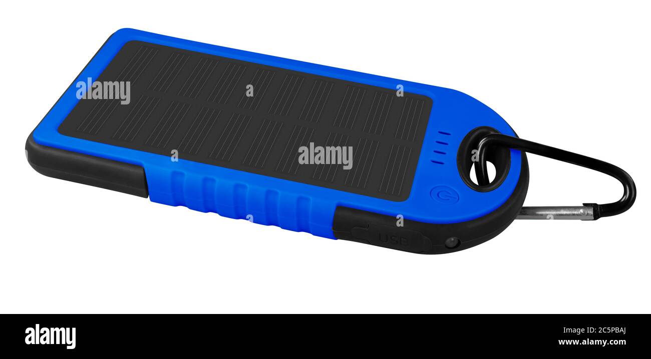 Blue portable solar charger for smart phone isolated on white with ...