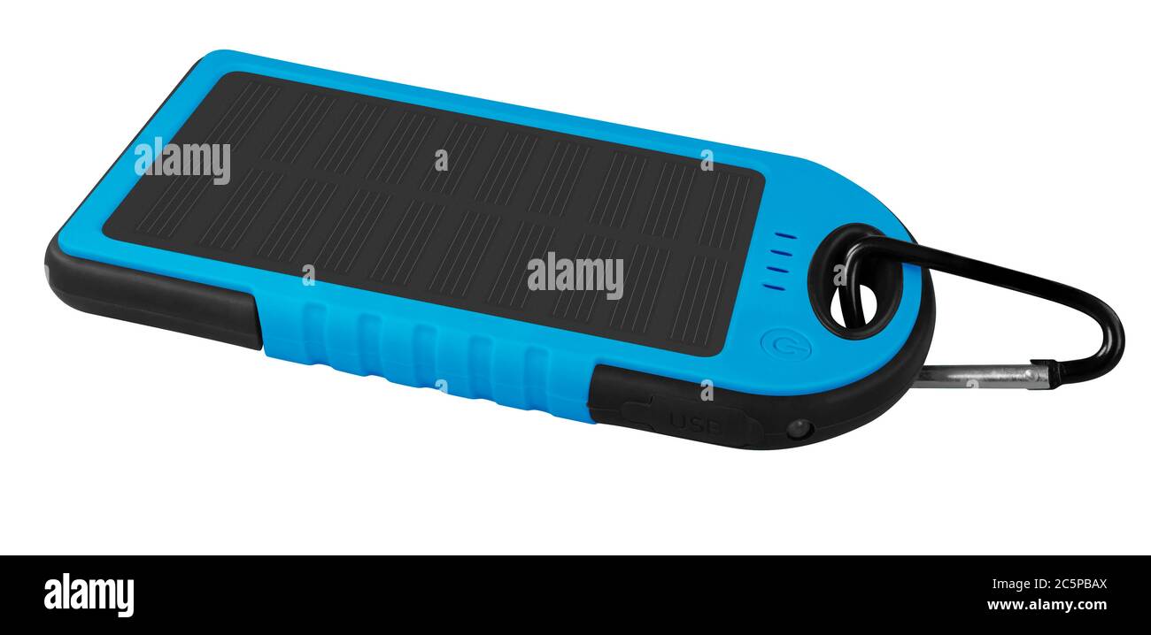 Light blue portable solar charger for smart phone isolated on white ...