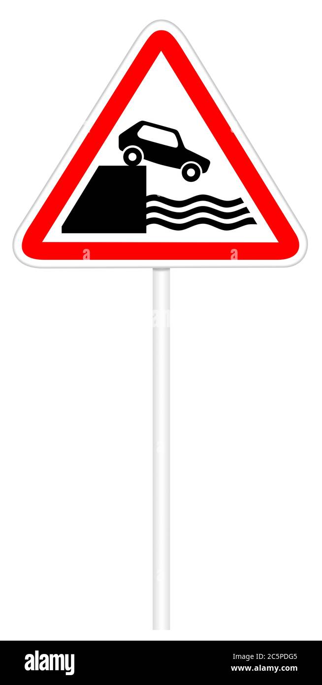 Warning traffic sign isolated on white 3D illustration - Embankment ...