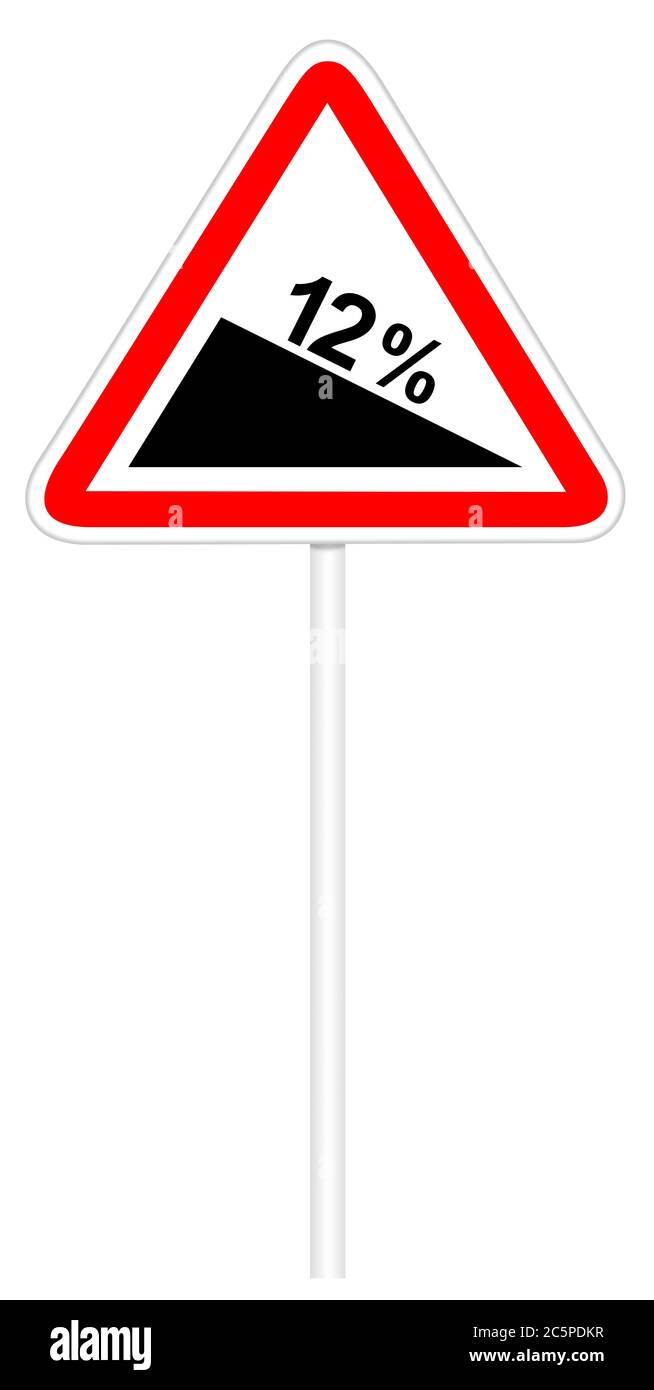 Warning traffic sign isolated on white 3D illustration - Steep descent ...