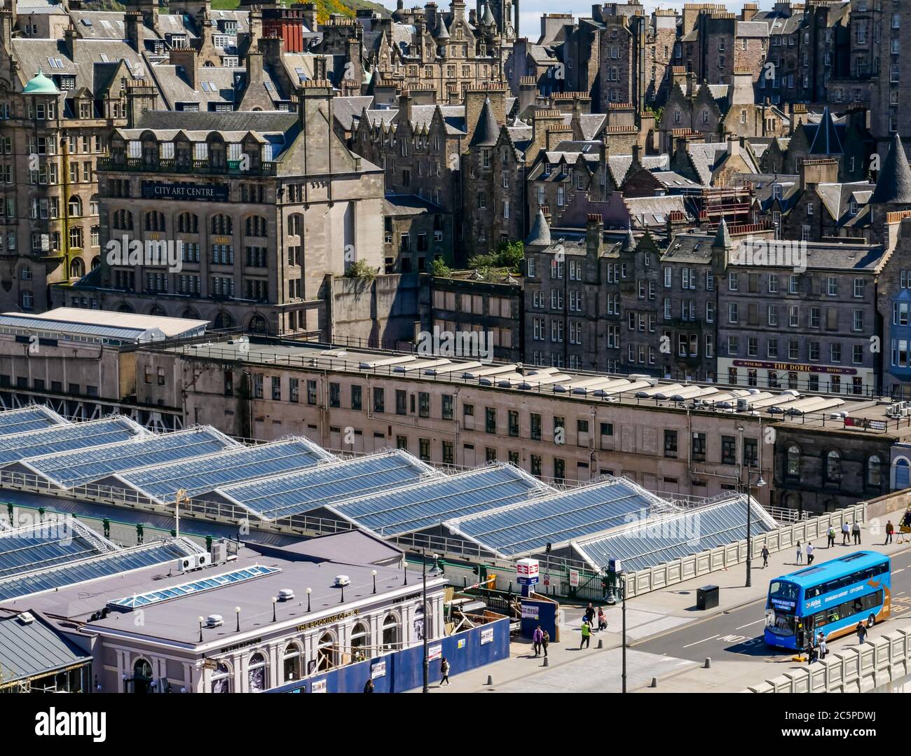 View from above of Waverley Bridge and the Old Town of Edinburgh city ...