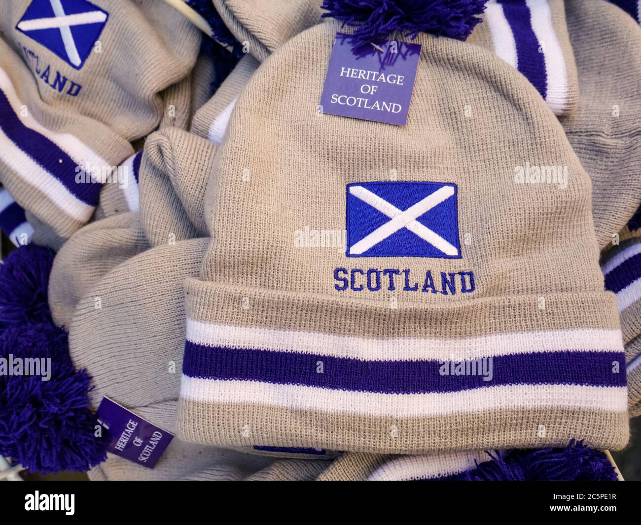 Tourist souvenir stall hats with Scottish saltire St Andrew's cross ...