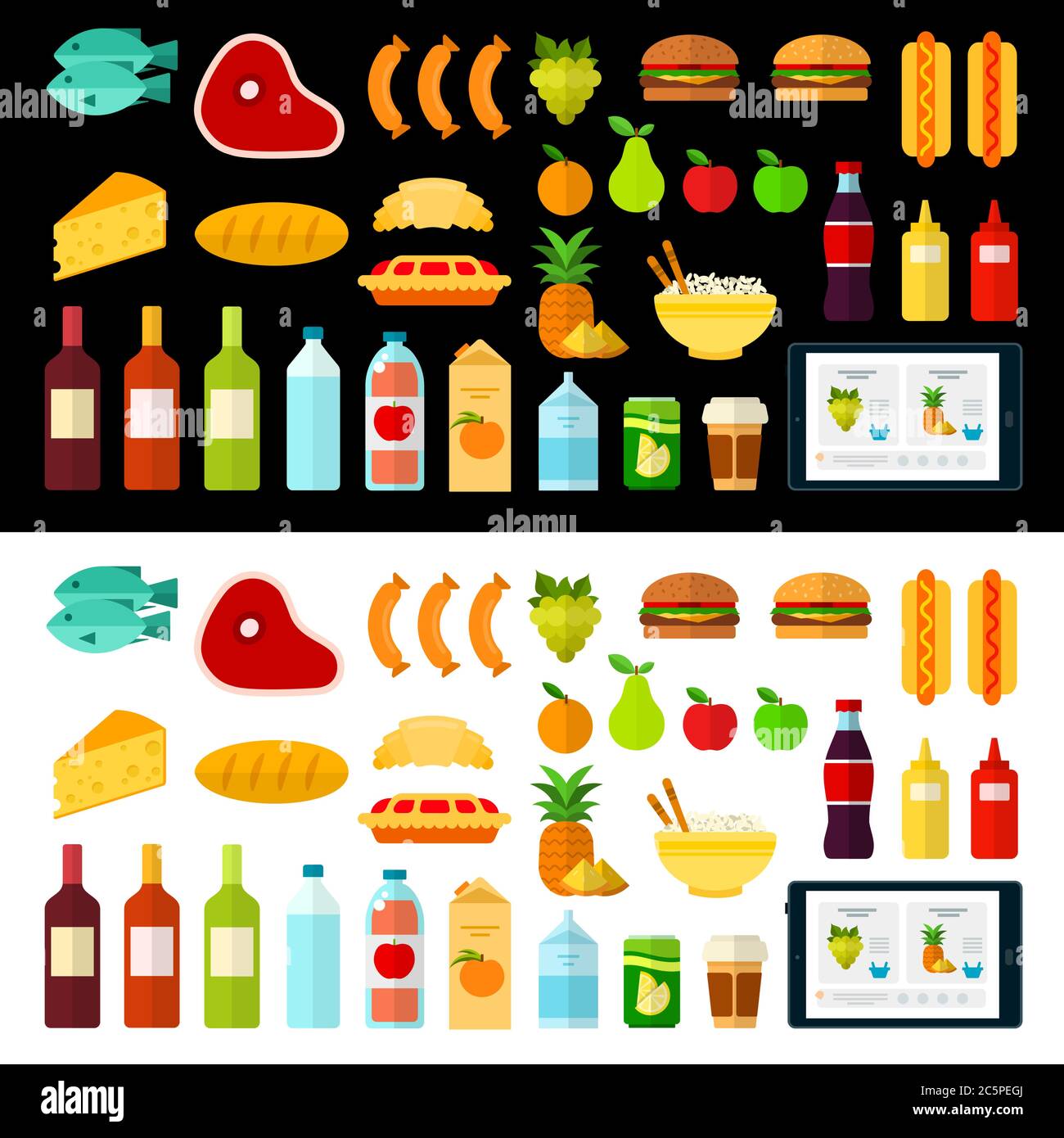 Home delivery food order vector flat icons. Isolated on white and black ...