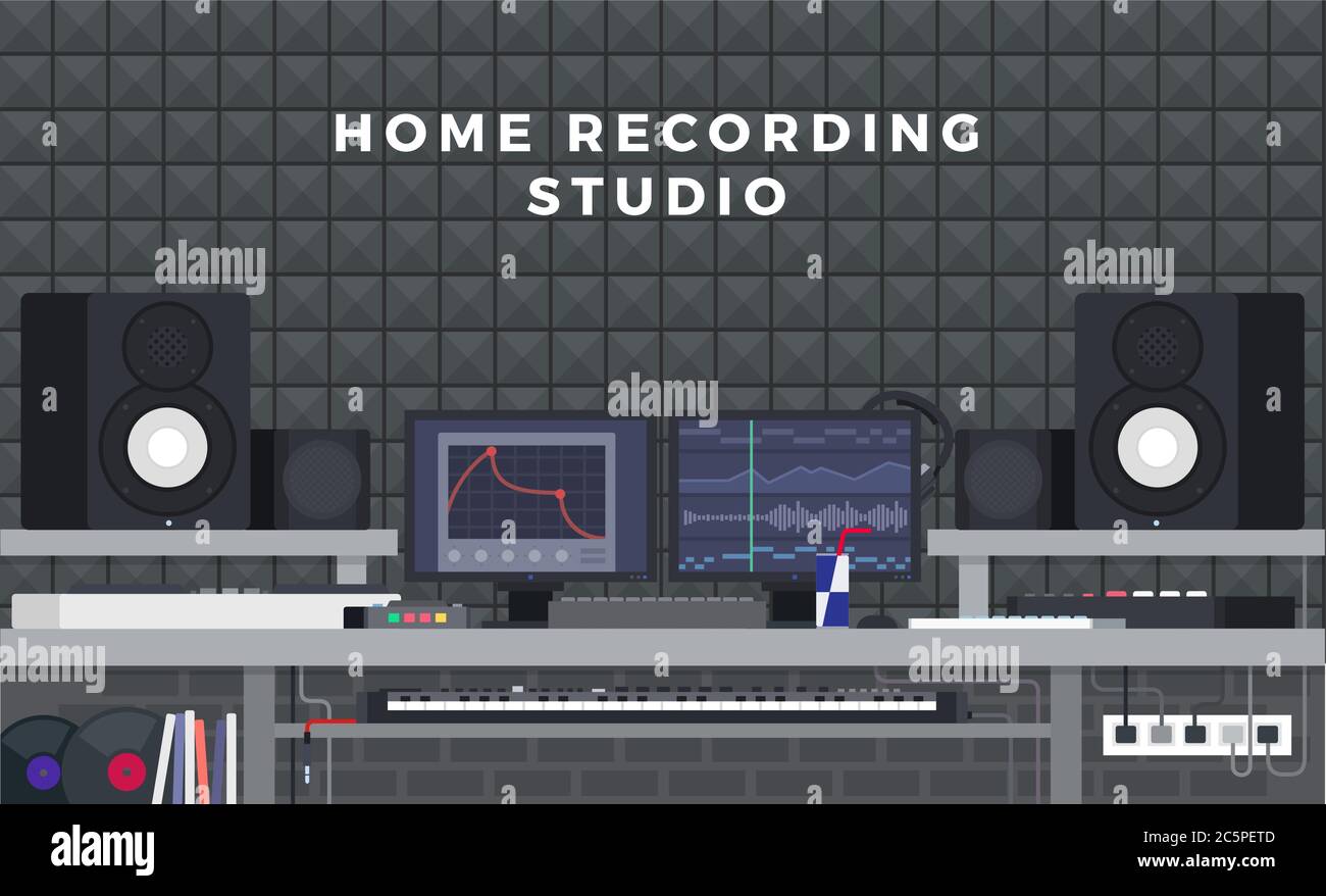Illustration of home recording studio on background of a mosaic wall of ...