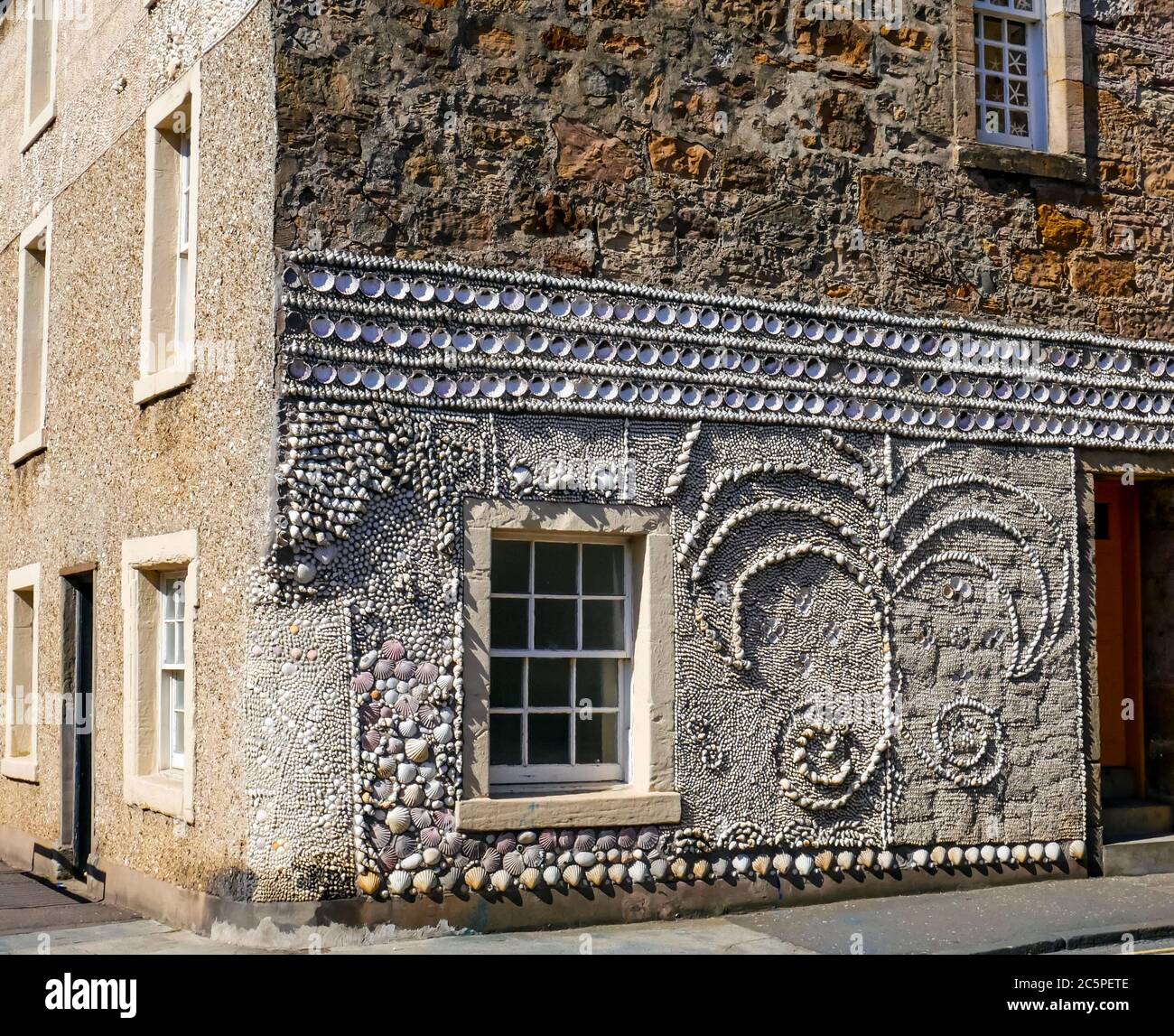 Unusual quirky house wall covered in sea shells, Anstruther, Fife ...