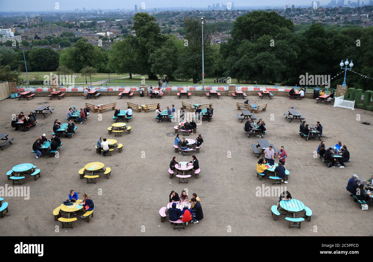 Socially distanced tables at The Terrace Bar, Alexandra Palace, London ...