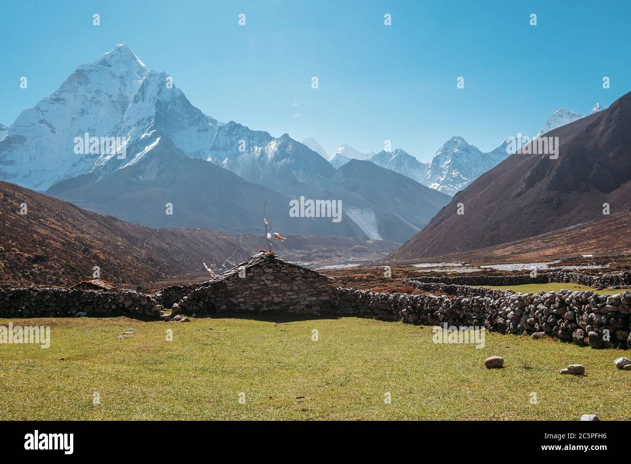 Picturesque view of green grass lawn pasture near the Pheriche village ...
