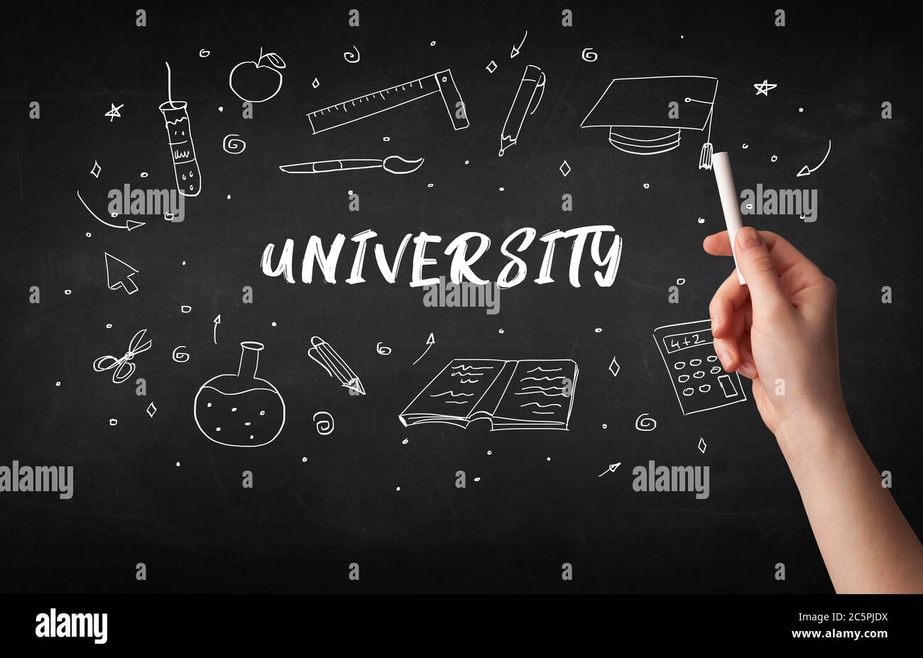Hand Drawing University Inscription With White Chalk On Blackboard