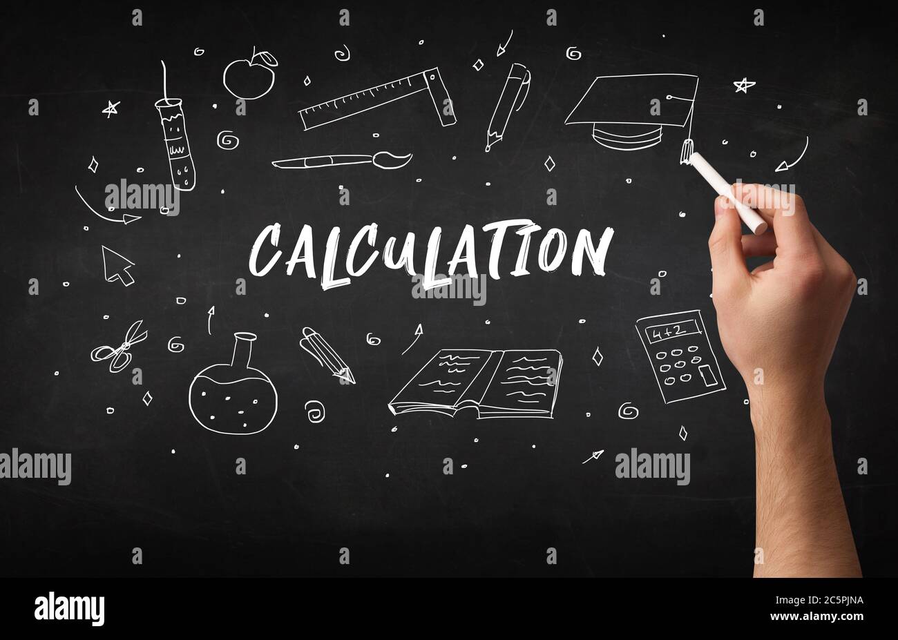 Hand drawing CALCULATION inscription with white chalk on blackboard ...