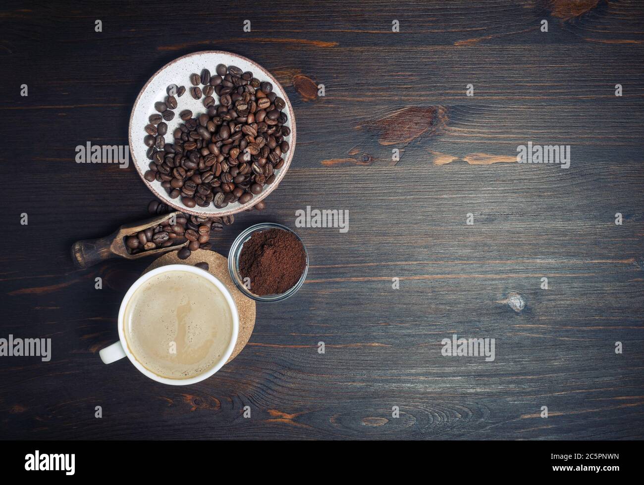 Vintage coffee background with space for text. Coffee cup, coffee beans ...