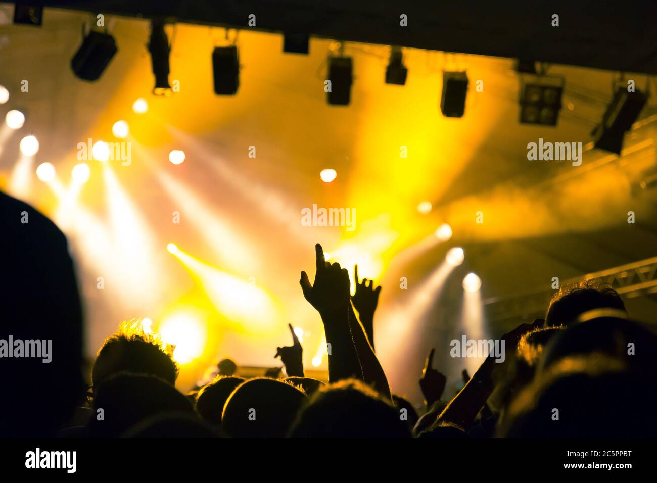 Concert crowd point of view in front of a lit stage for a night ...