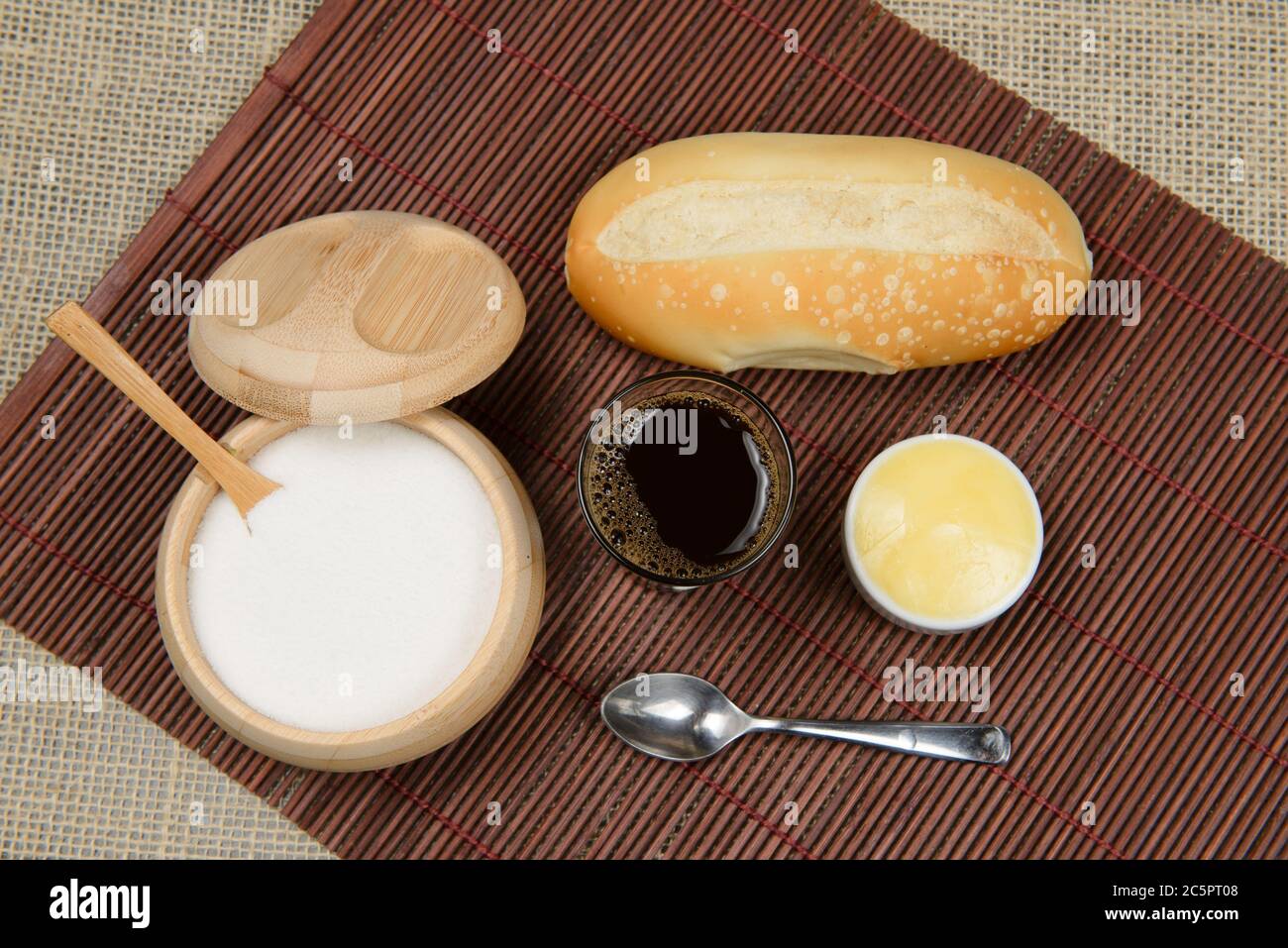 Basic Brazilian breakfast with coffee and bread with butter - Top View ...