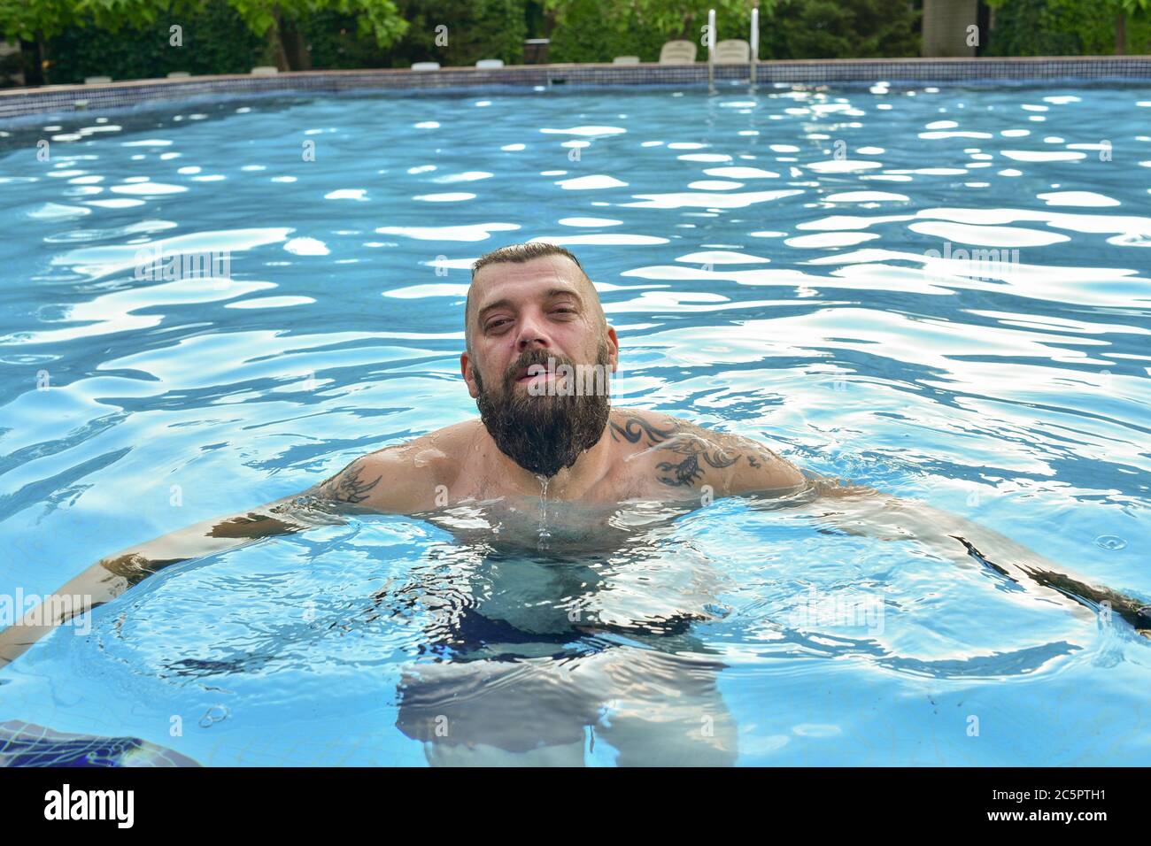 Bearded man swimming in a pool. Man with a beard in the pool. Brunette ...
