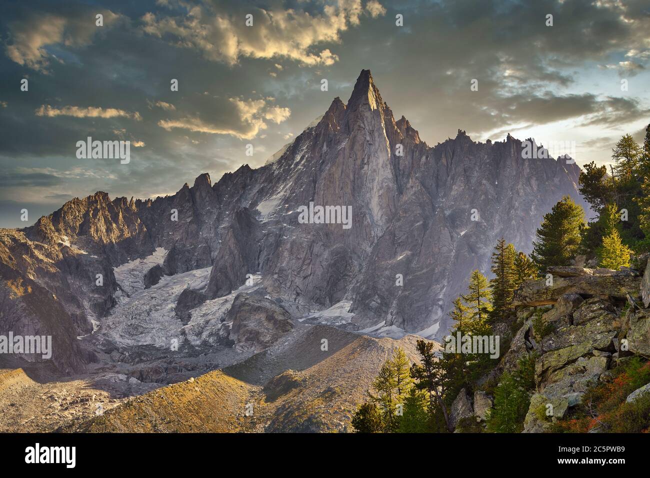 Autumn in the high mountains of the French Alps. Aiguille du Dru in the ...