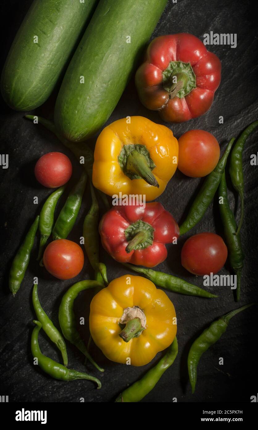 Tomato, Capsicum, Green Chili, and Gherkin Cucumber Vegetable in ...