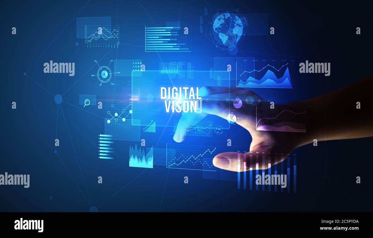 Hand touching DIGITAL VISON inscription, new business technology ...