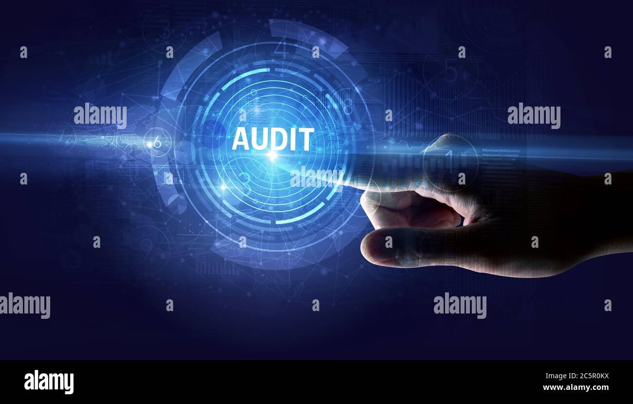 Hand touching AUDIT button, modern business technology concept Stock ...