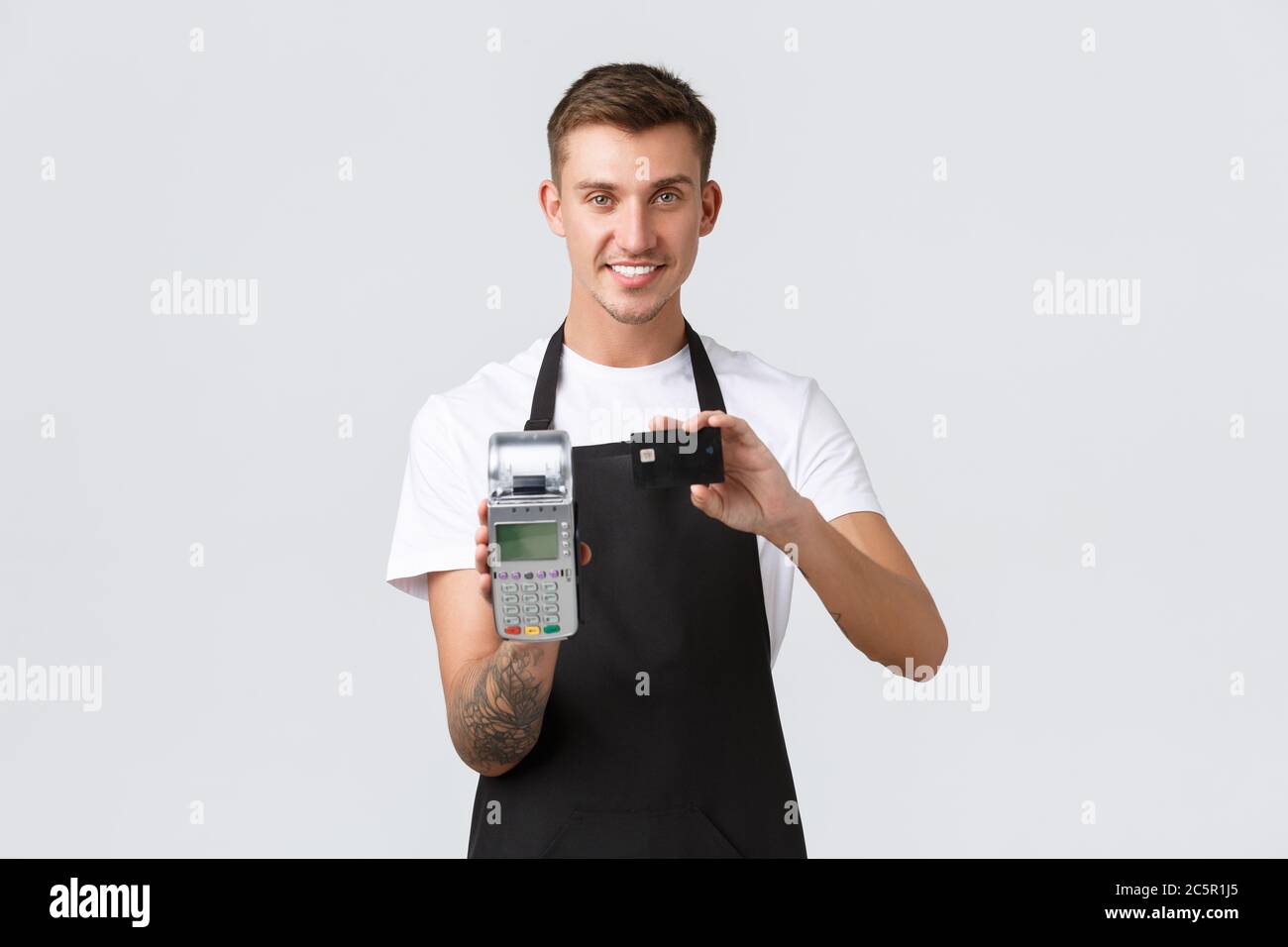 Retail business, cafe and restaurant, employees concept. Handsome ...