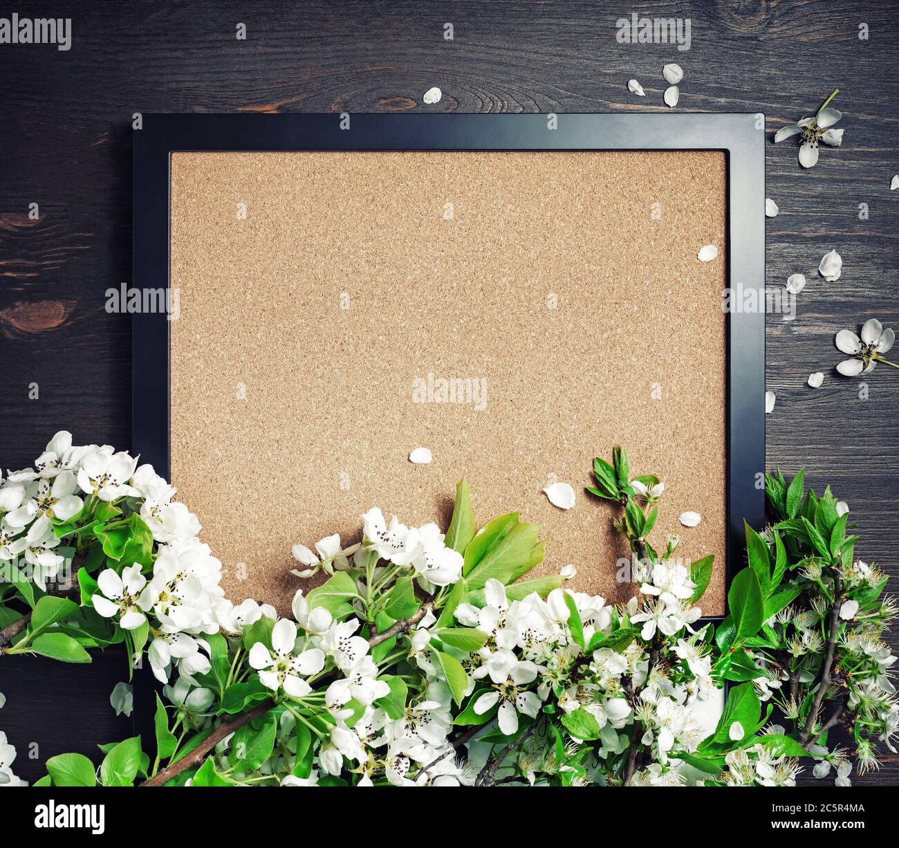 Blank photo frame with spring flowers on wooden background. Responsive ...