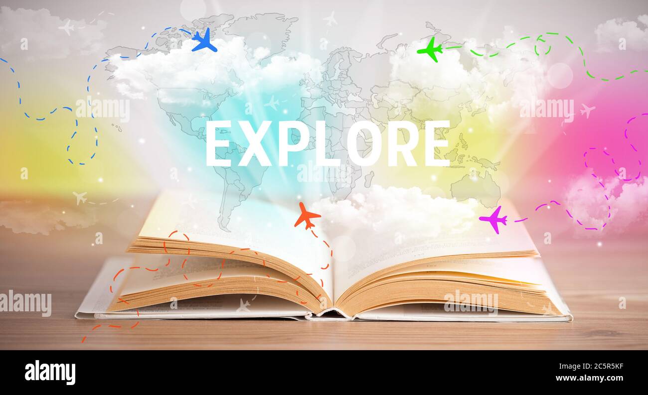Open book with EXPLORE inscription, vacation concept Stock Photo - Alamy
