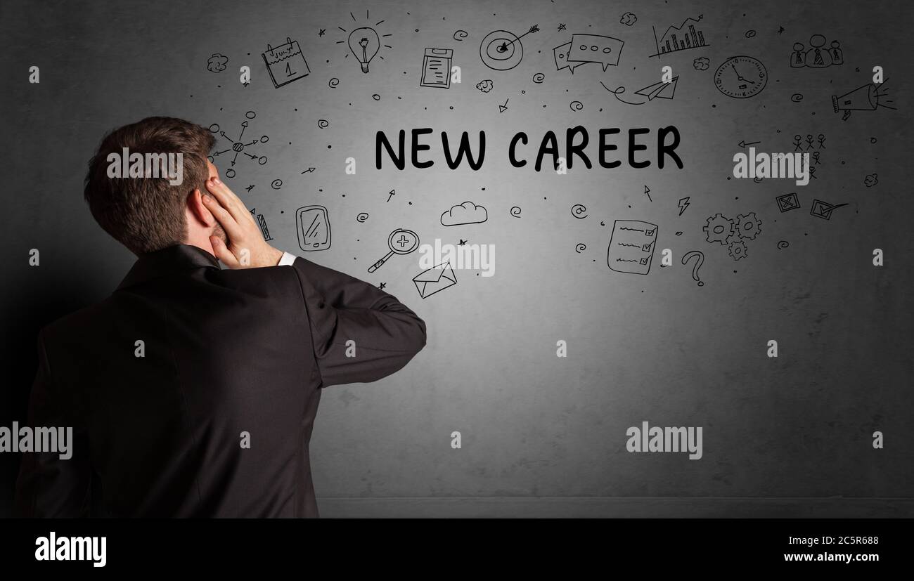 businessman drawing a creative idea sketch with NEW CAREER inscription ...