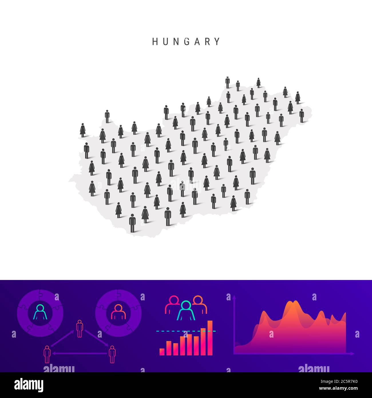 Hungarian people map. Detailed silhouette. Mixed crowd of men and women ...