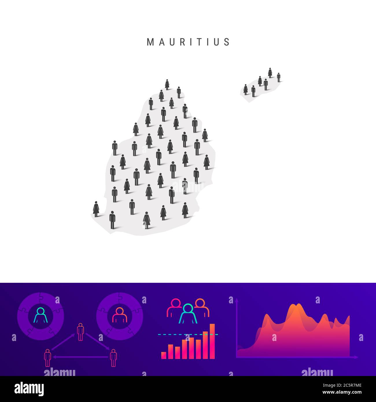Mauritius people map. Detailed silhouette. Mixed crowd of men and women ...