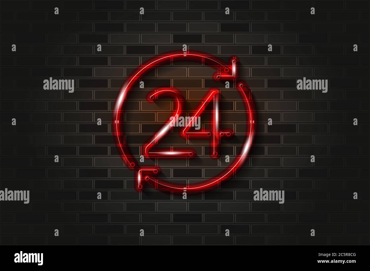 24 hours, convenience store glowing neon sign or glass tube. Realistic ...