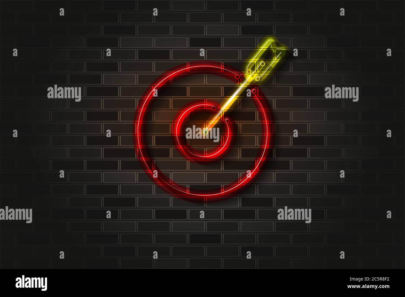 Yellow arrow in the red target glowing neon sign or glass tube ...
