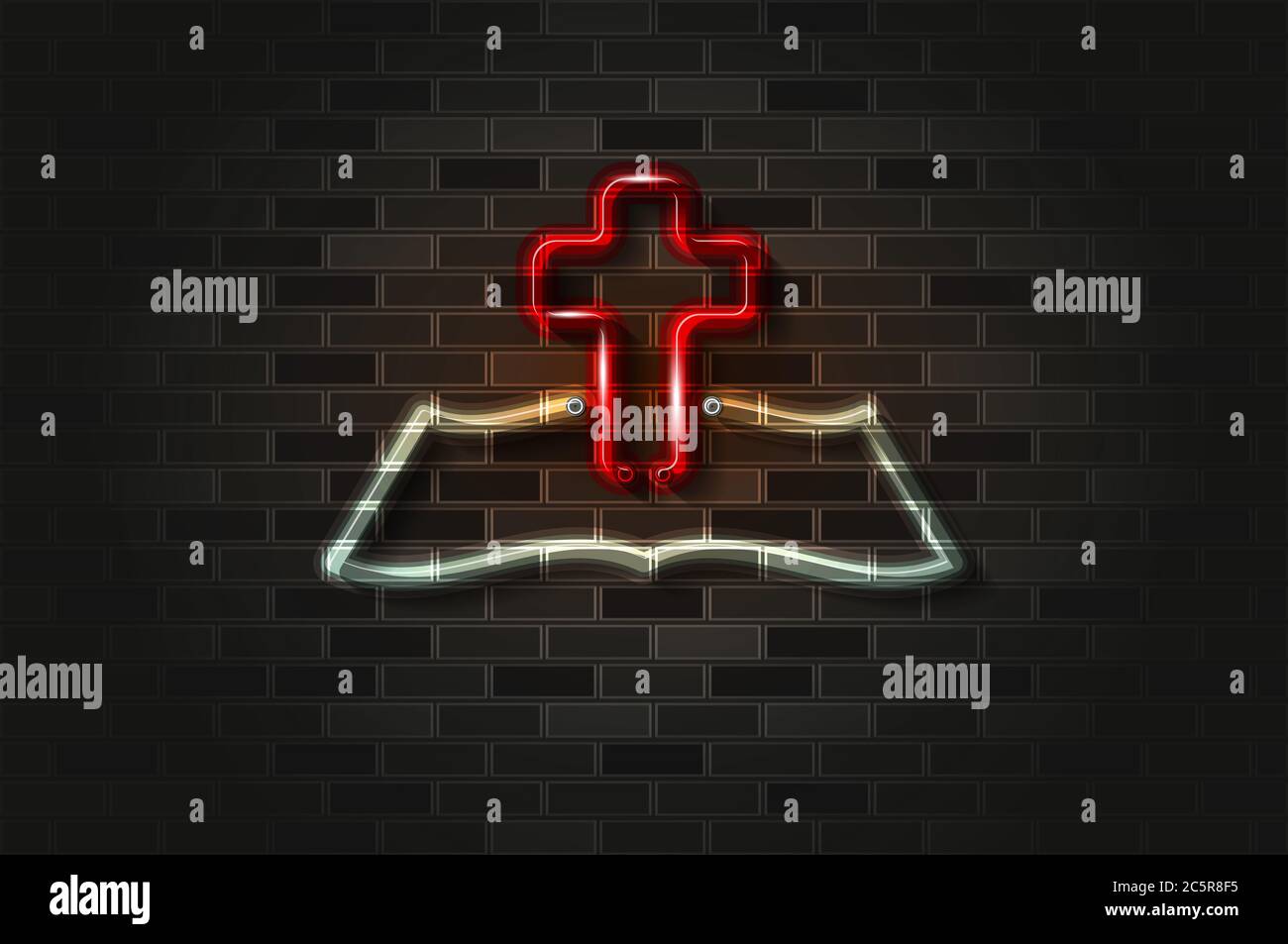 Christian cross and holy bible glowing neon sign or glass tube ...