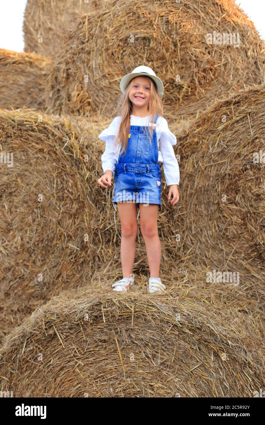 Portrait of a little girl on a haystack in summer Stock Photo - Alamy
