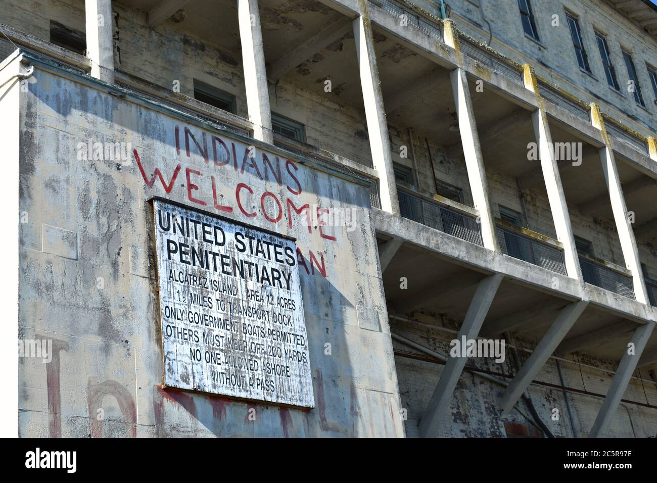 A close up of the United States Penitentiary sign on the barracks of ...