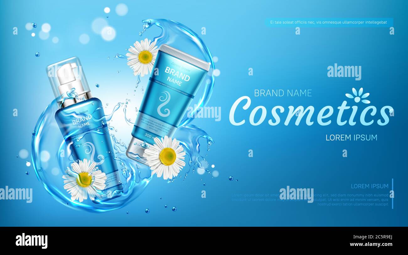 Chamomile cosmetics bottles mock up banner. Natural beauty product ...