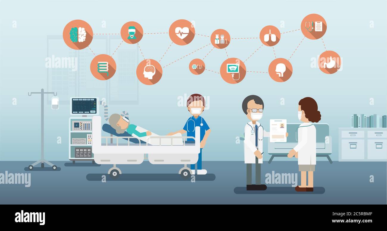 Medical service concept with medical icons and patient with ventilator ...