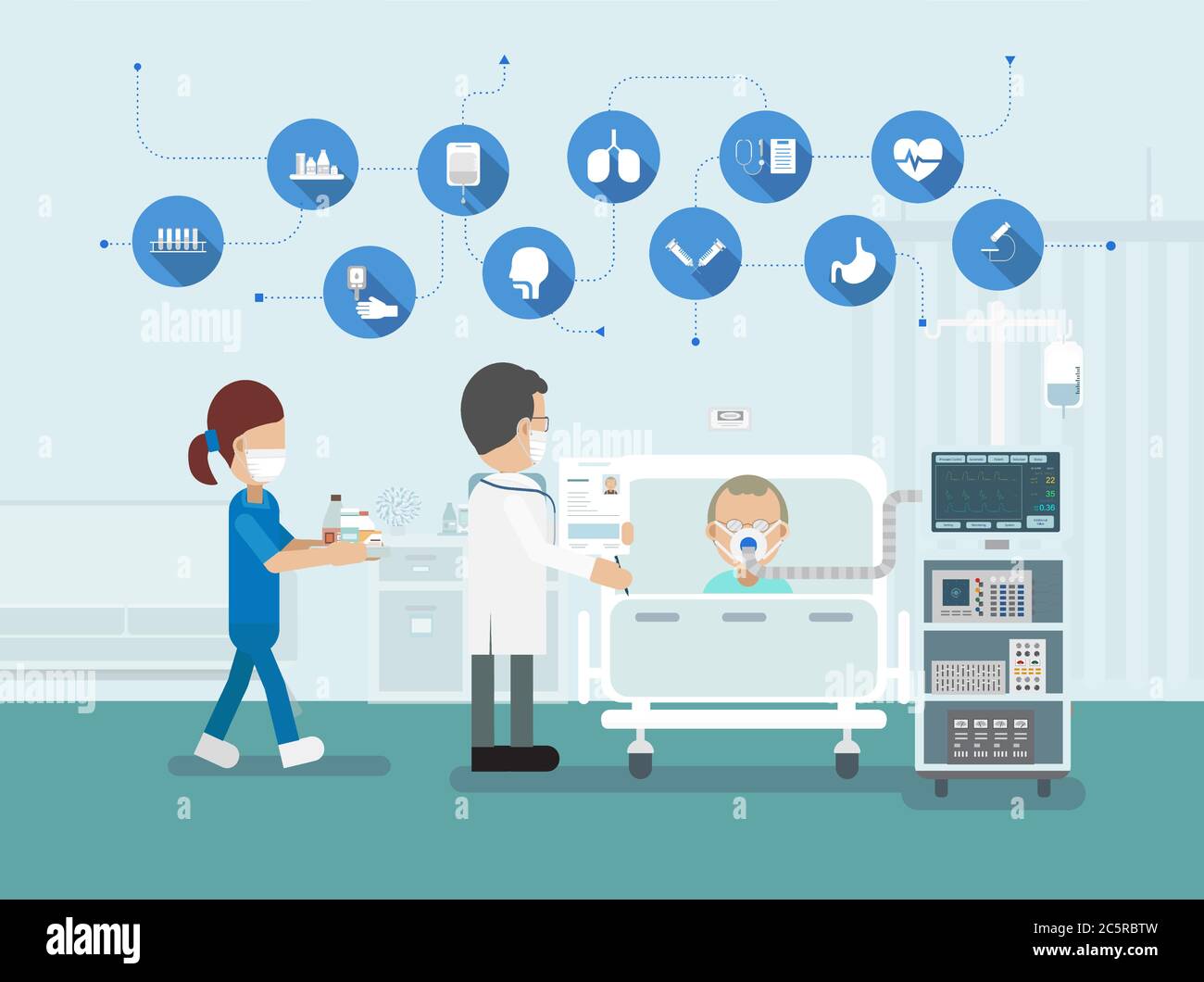 Medical service concept with medical icons and patient with ventilator ...