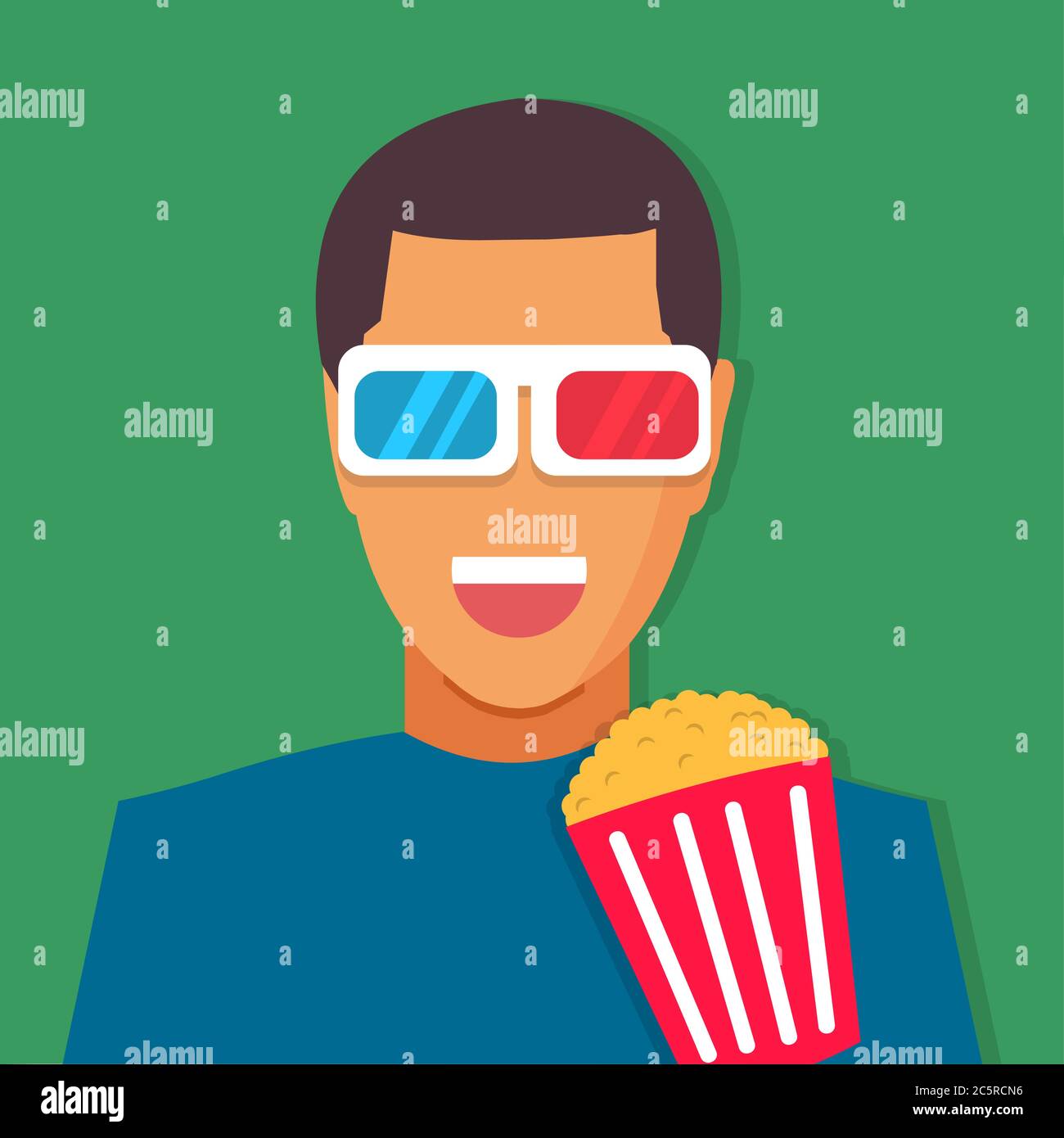 man watching movie with 3d glasses and popcorn vector illustration ...