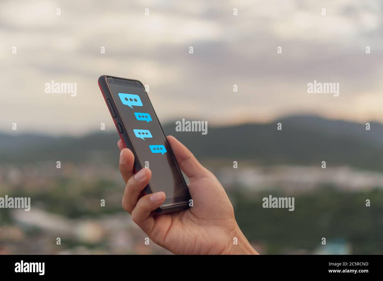 Women hand using smartphone typing, chatting conversation in chat box ...