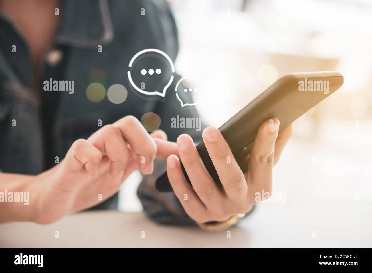Women hand using smartphone typing, chatting conversation in chat box ...