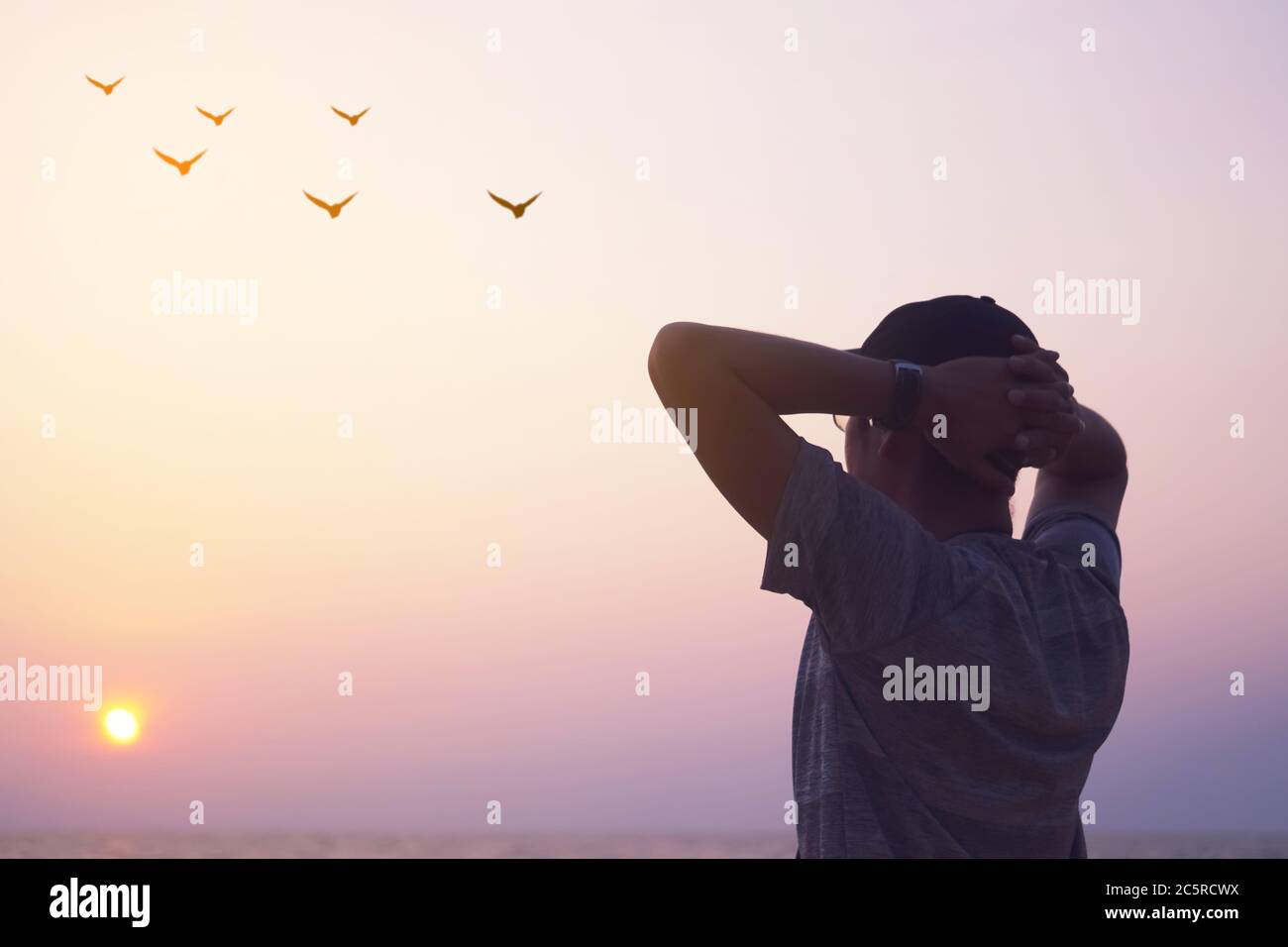 Man rise hands up to sky looking at birds fly through metaphor freedom ...