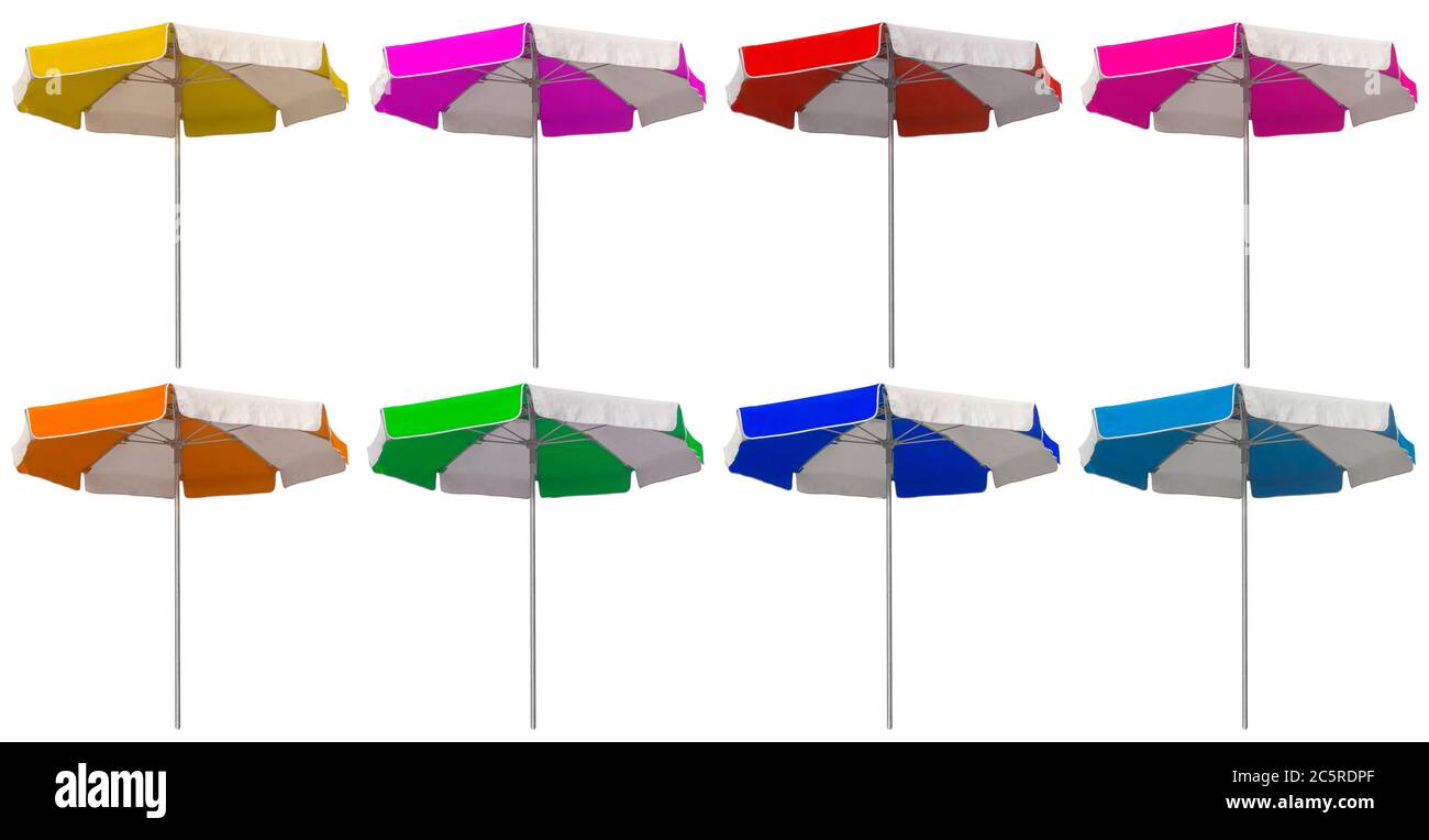 Colorful beach umbrellas isolated on white background Stock Photo - Alamy