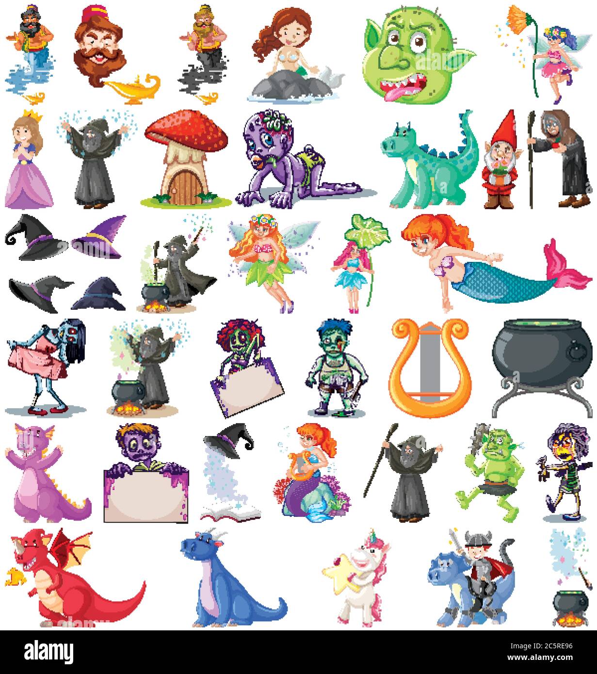 Set of fantasy cartoon characters and fantasy theme isolated on white ...