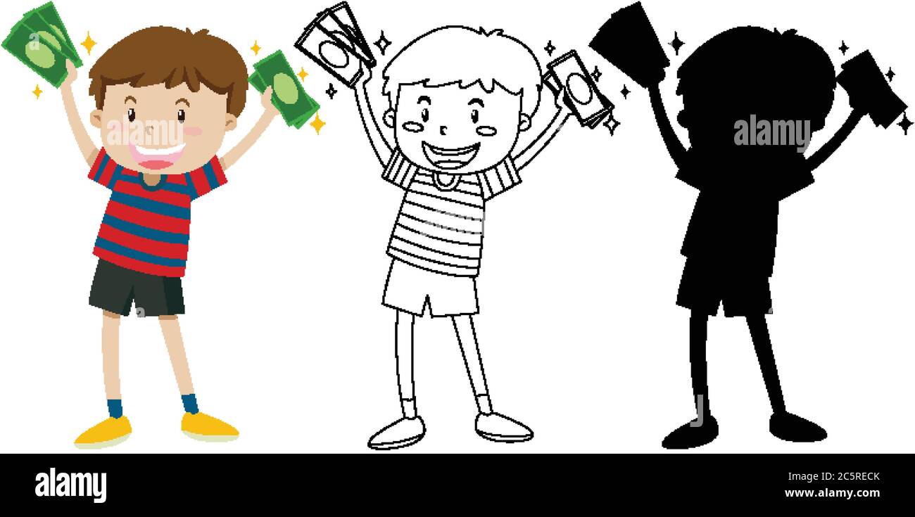 Boy holding banknotes in color and outline and silhouette illustration ...