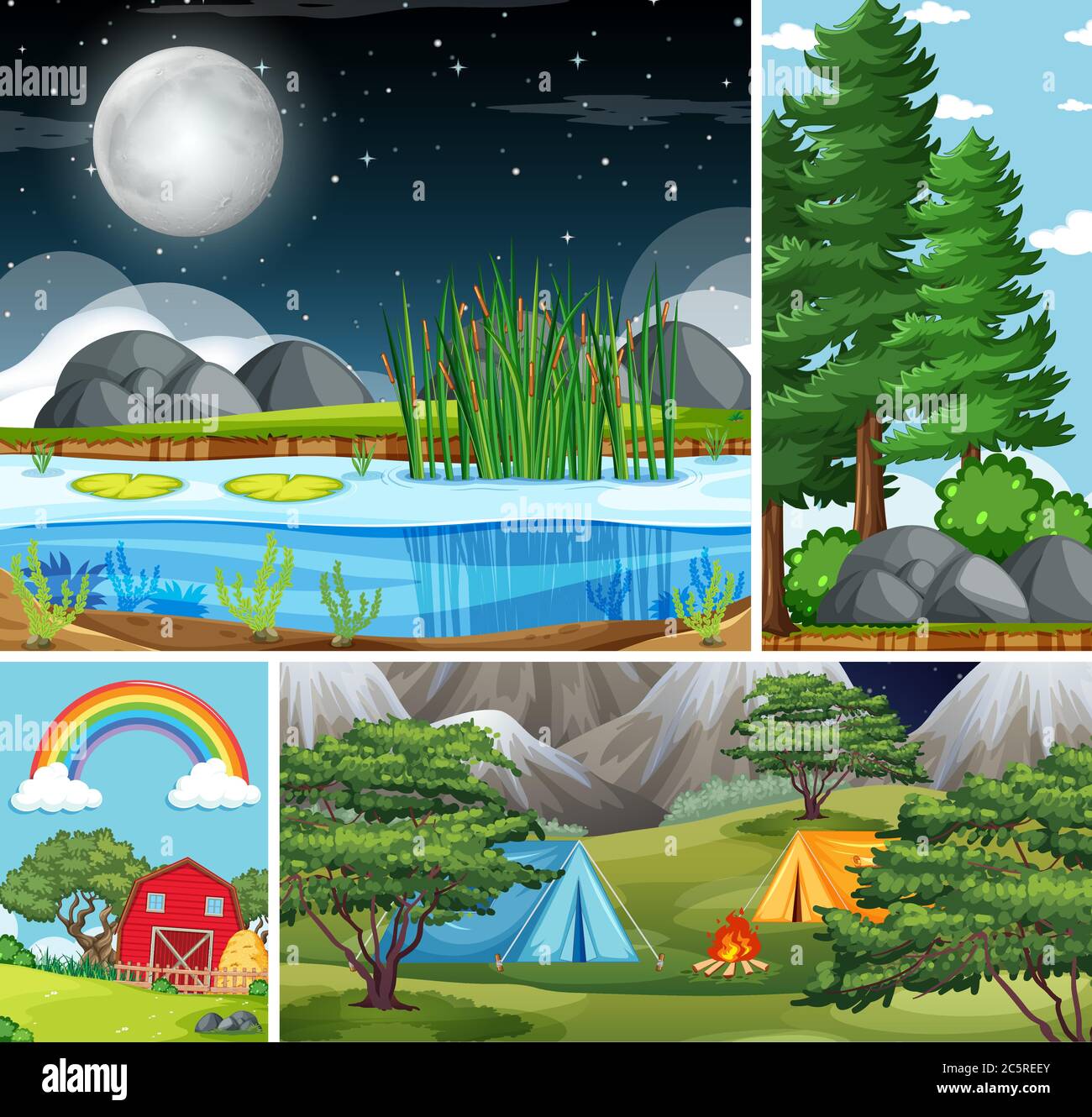 Four different nature scene of forest and camping cartoon style ...