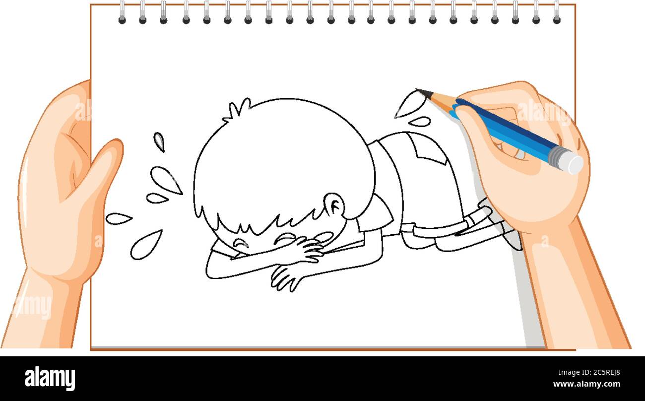 Hand writing of boy crying on the floor outline illustration Stock ...