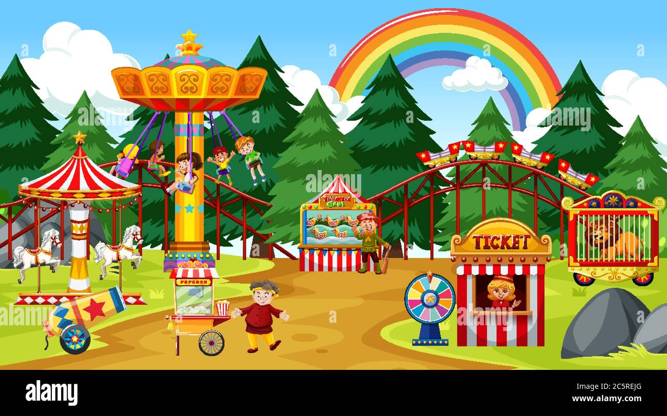 Amusement park scene at daytime with rainbow in the sky illustration ...