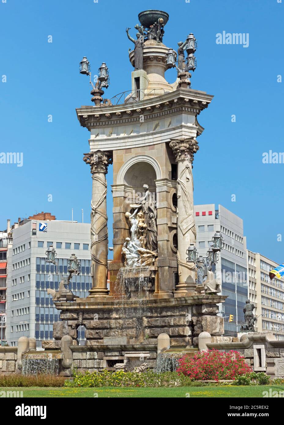 BARCELONA, SPAIN - JULY 8, 2015: The fountain at the centre of the ...